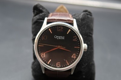 Caravelle Bulova Mens Wrist Watch Black and Copper Tone Leather Band ...