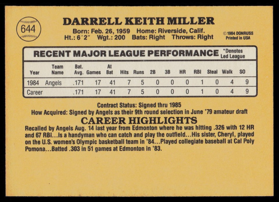 1985 Donruss #644 Darrell Miller * California Angels * Auto * Signed ...