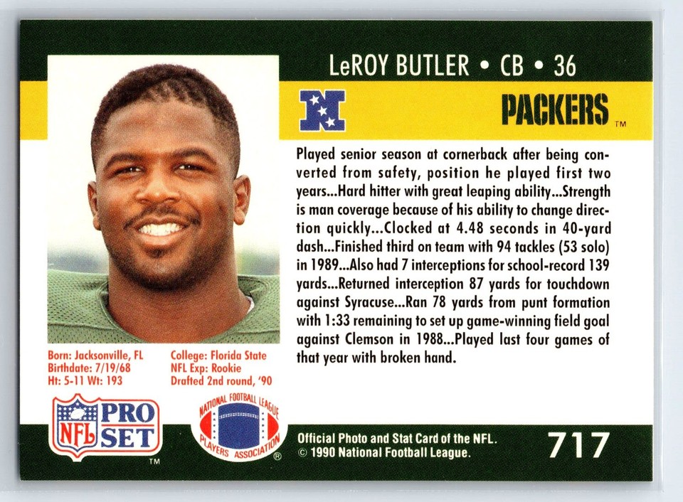1990 Pro Set LeRoy Butler Rookie Green Bay Packers RC #717 | eBay