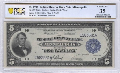 1918 $5 Minneapolis Federal Reserve Note Fr.799 PCGS 35 Very Choice VF ...