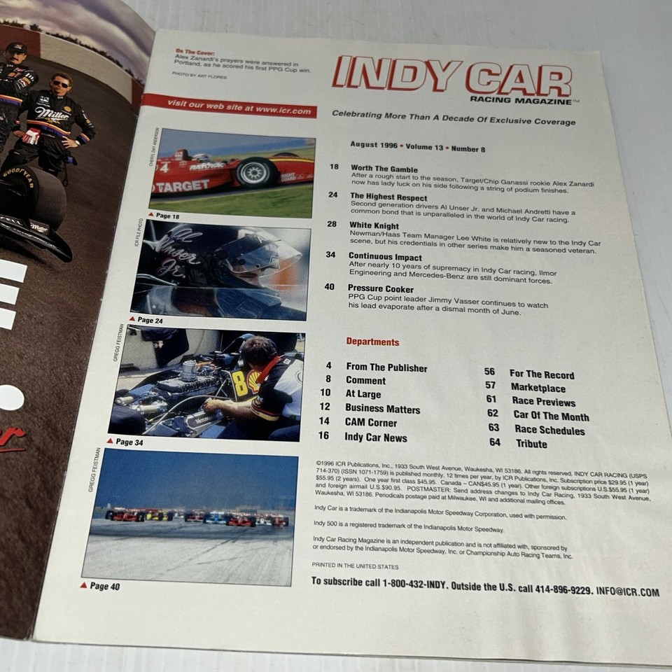 INDY CAR RACING MAGAZINE August 1996 Alex Zanardi | eBay UK