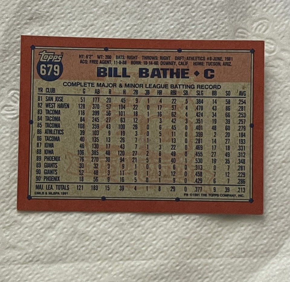 TOPPS 1991 MLB BILL BATHE #679 CATCHER SAN FRANCISCO GIANTS BASEBALL ...