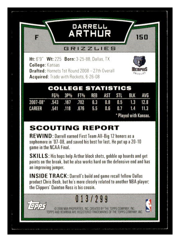 2008-09 Bowman #150 Darrell Arthur Orange #/299 | eBay