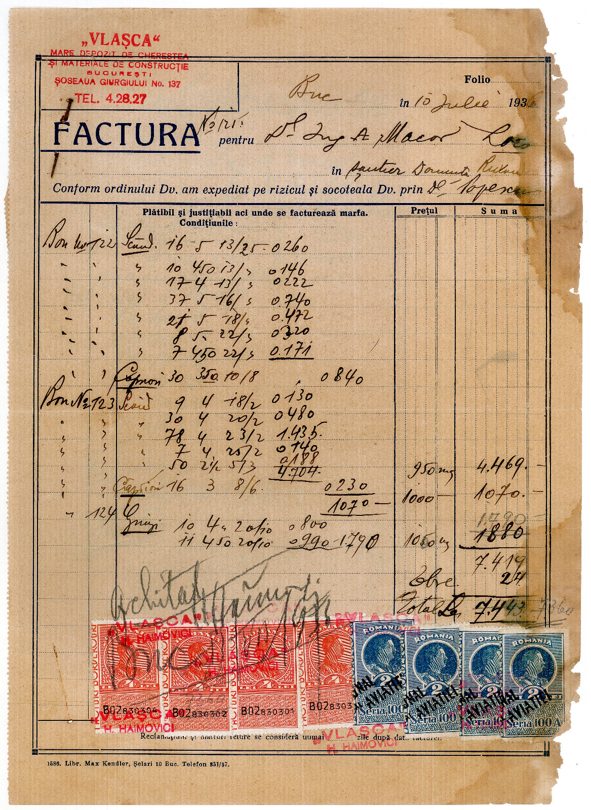 Romania, 1936, Vintage Invoice / Receipt - Revenue / Fiscal Stamps ...