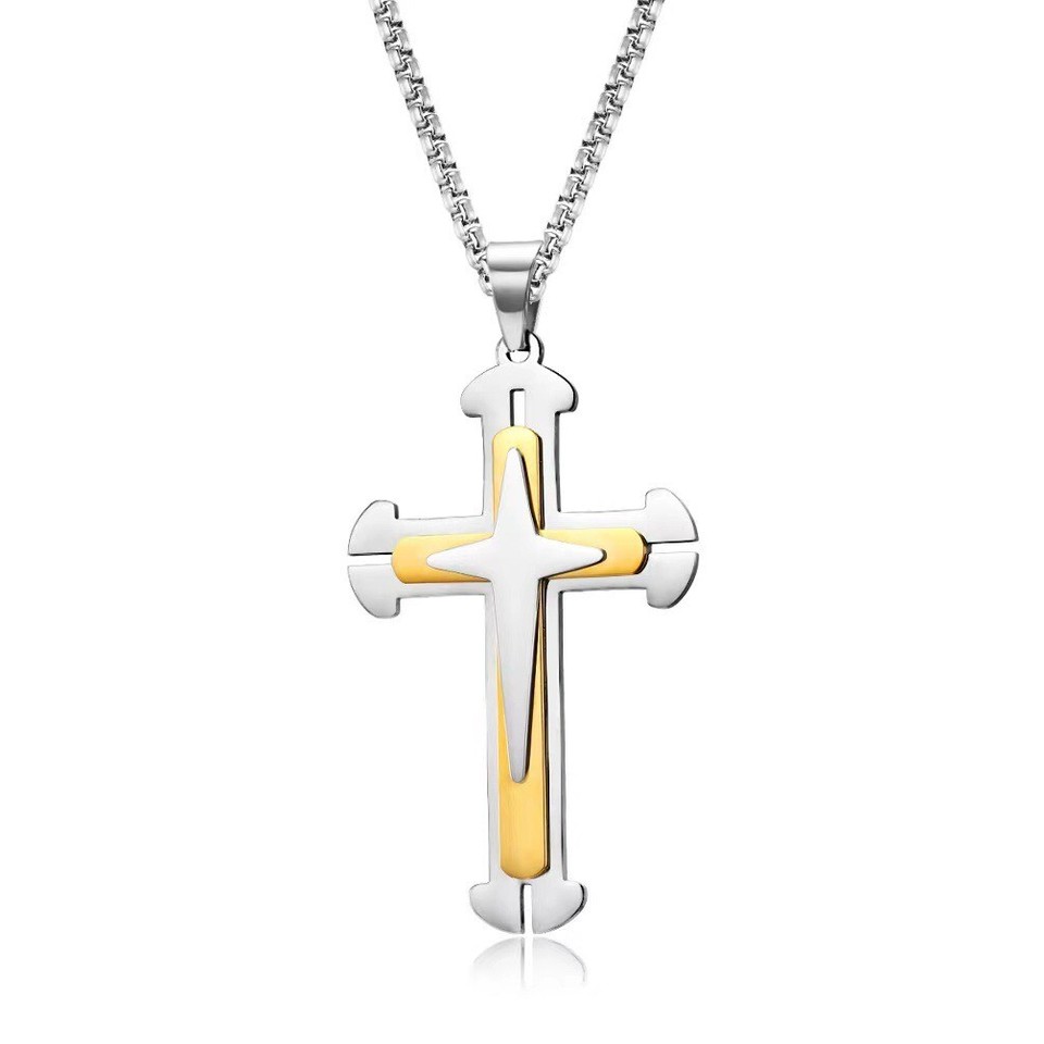 Simple Split Three Layer Cross Blue/Gold/Black Pendant Stainless Steel ...