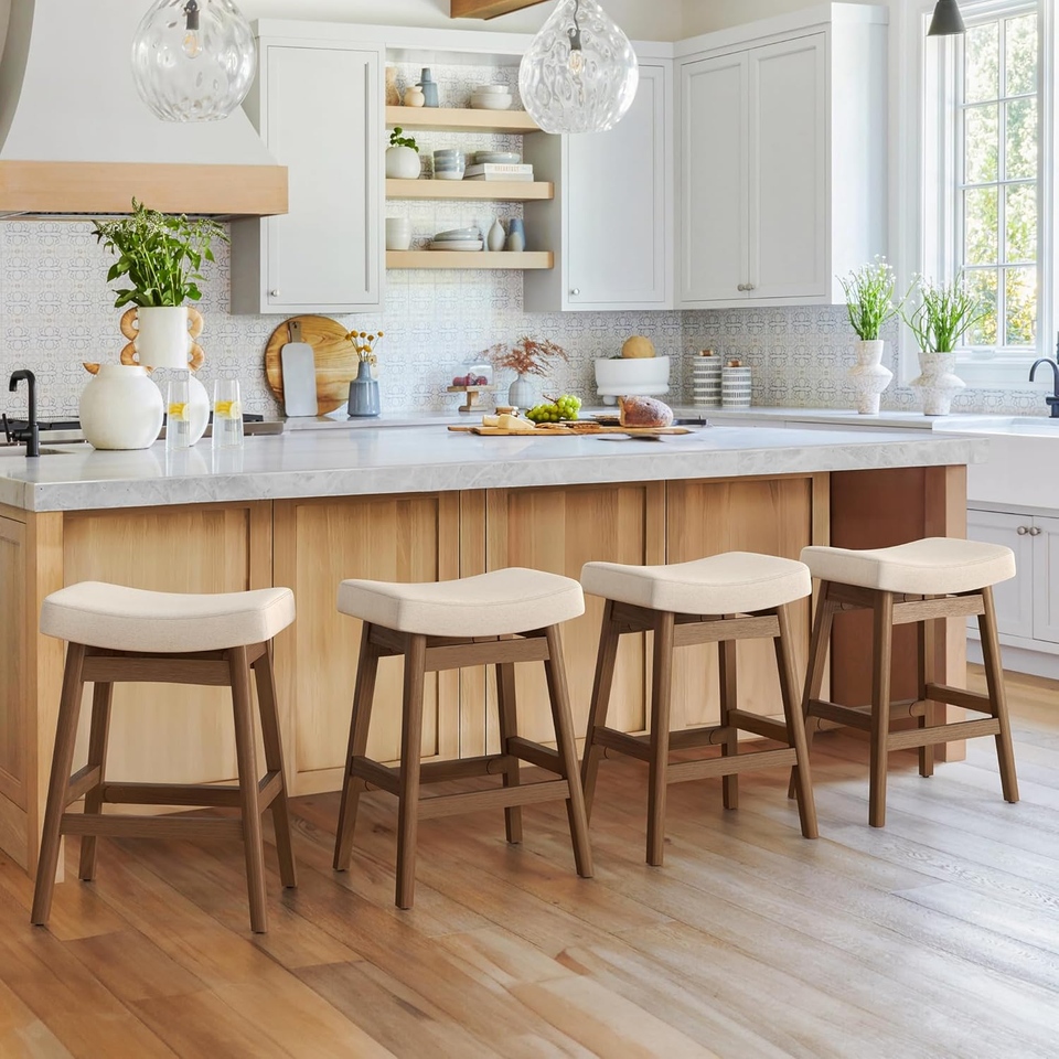 Bar Stools Set of 3, Barstools with Sturdy Wood Legs, Saddle Seat ...