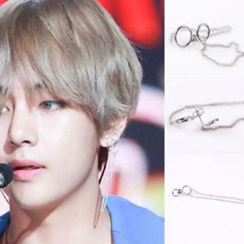 "BTS" V Bangtan Boys Stud Doulbe Ring Chain Earrings In 925 Sterling ...