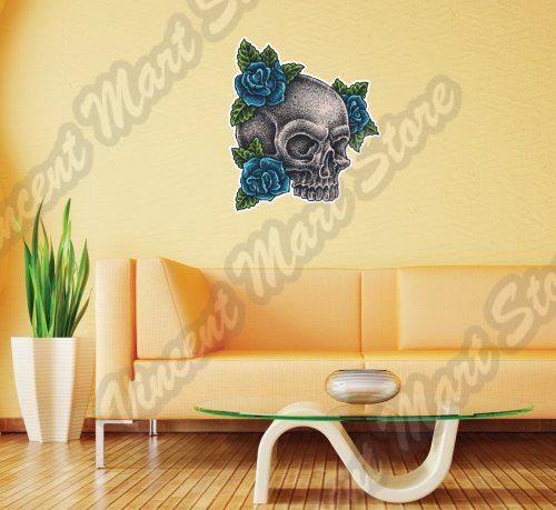 Human Skull Crossbones Blue Flower Wall Sticker Interior Decor 22"X22 ...