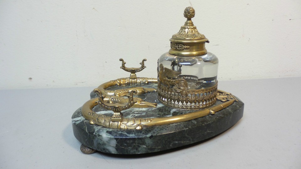 FABULOUS 19th C. FRENCH NAPOLEON III MARBLE & BRONZE INKSTAND / INKWELL ...