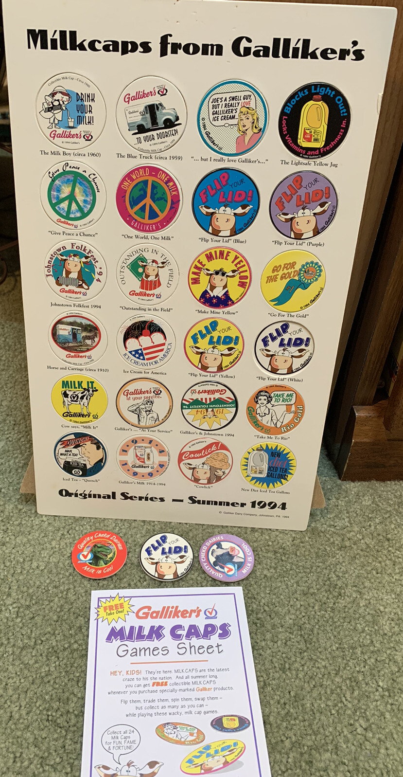 Rare 14”x9” 1994 Galliker's Dairy Milk Caps Set Display Johnstown PA ...