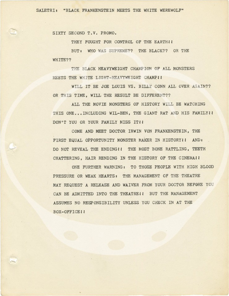 ARCHIVE OF EIGHT ORIGINAL SCREENPLAYS FOR SIX UNPRODUCED BLAXPLOITATION ...