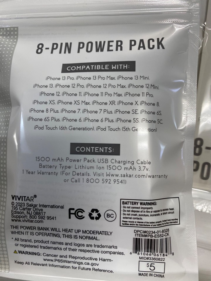 Vivitar 8 pin 1500 mAh power Pack IPhone Apple charger Lightning new | eBay