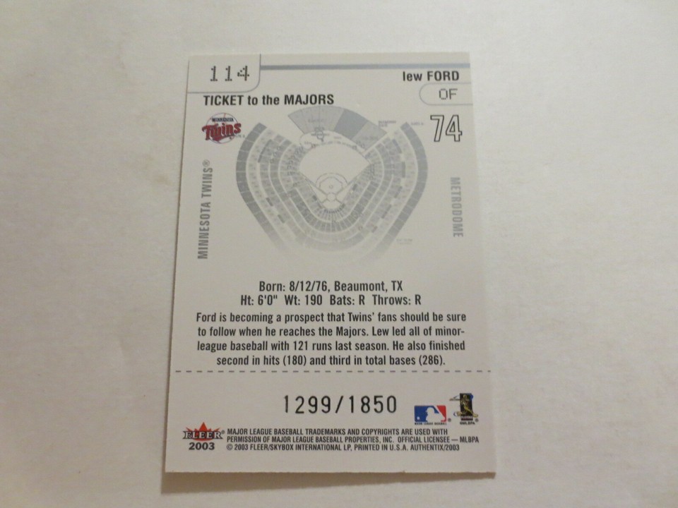 2003 Fleer Authentic Ticket to the Majors Lew Ford Card #114 #1299/1850 ...