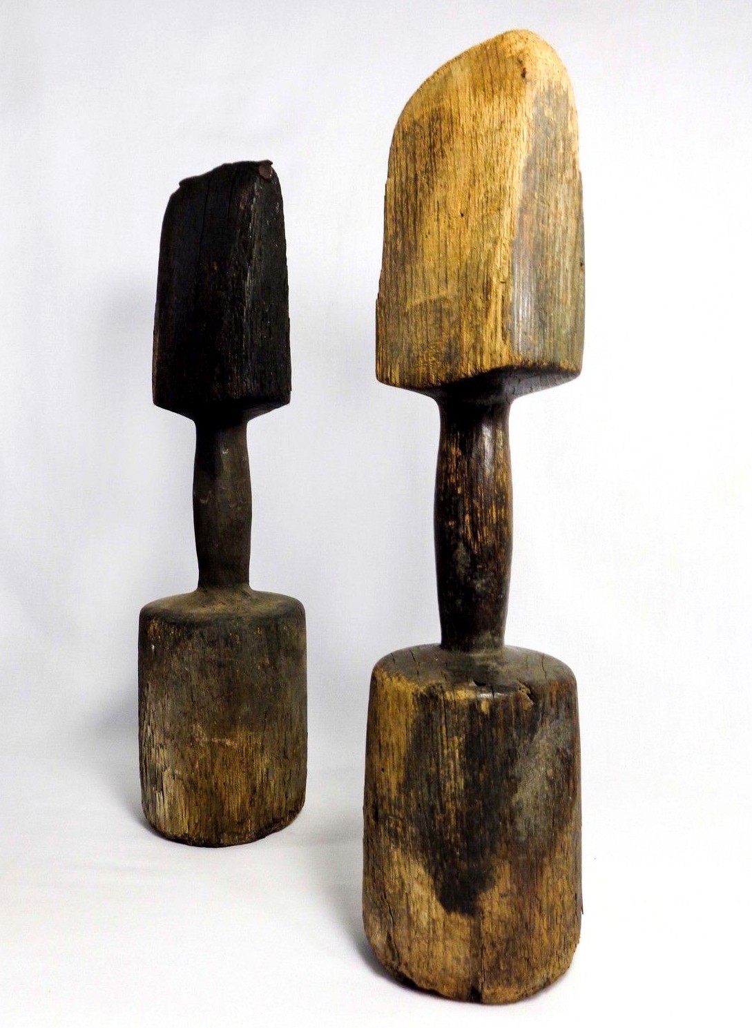 19TH C PAIR ANTIQUE PRIMITIVE HAND CARVED WOODEN SEAM RUBBER SAIL ...