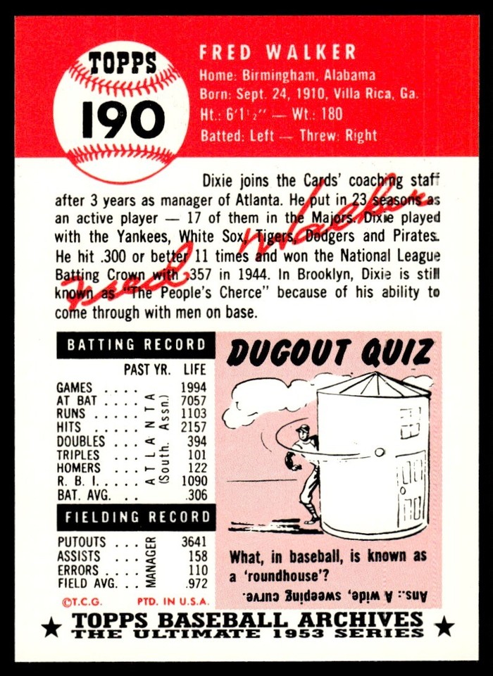 1991 Topps Archives 1953 Dixie Walker St. Louis Cardinals #190 | eBay
