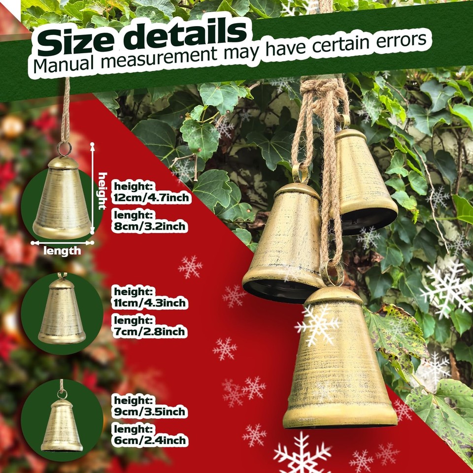 Christmas Bells，Vintage Iron Bells with Jute Rope for Hanging,Handmade ...