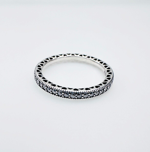 Estate Pandora ALE 925 Sterling Silver Sparkle Hearts Stackable Ring 7. ...