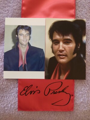 ELVIS PRESLEY SIGNATURE RED SCARF AND 1969 PRESS CONFERENCE PHOTOS LOT ...