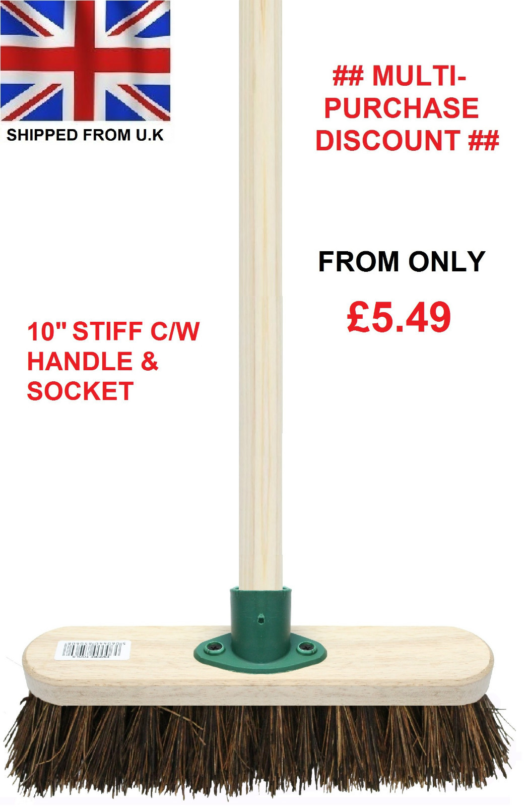 10" Stiff Socket Broom C/W Handle Brush Sweeping Industrial Yard ...