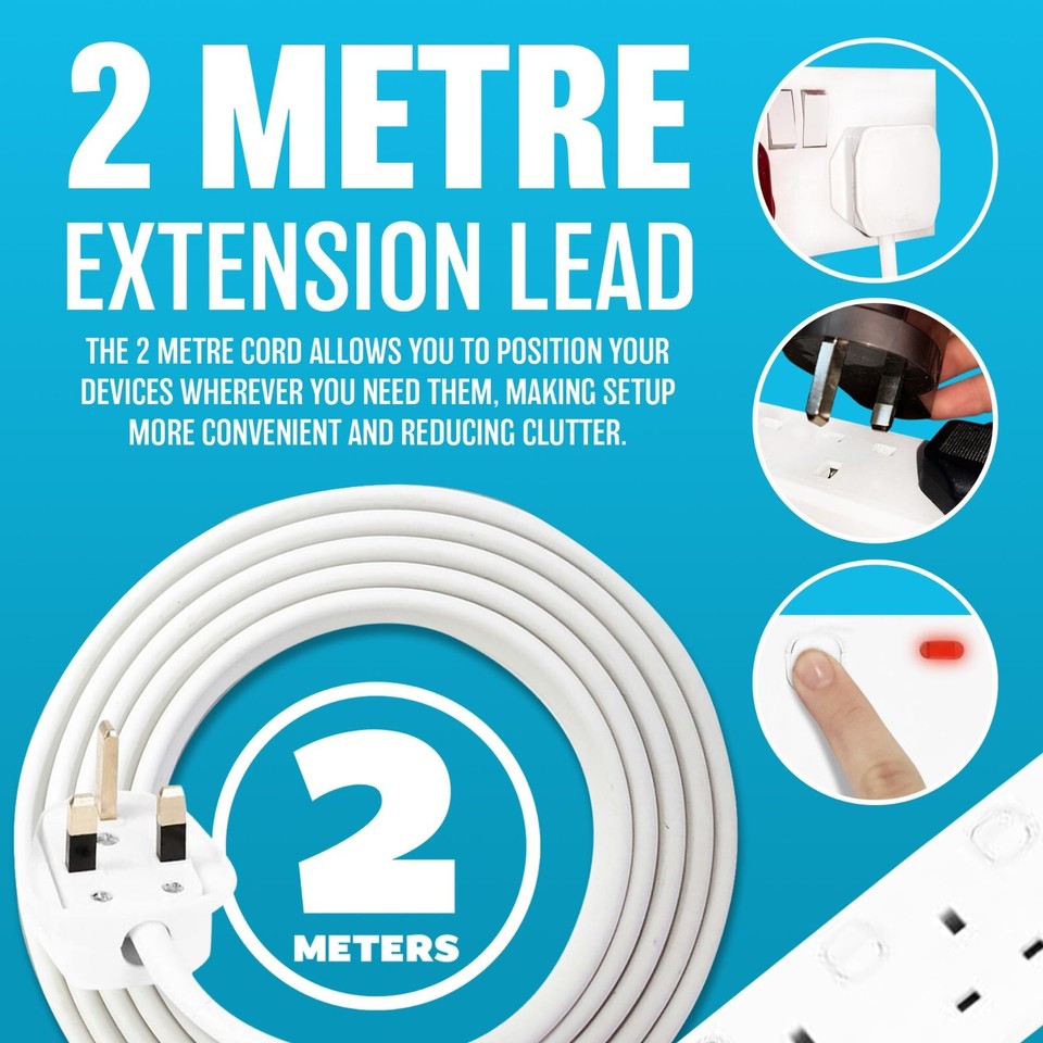 NEW 6 WAY GANG EXTENSION LEAD 2M CABLE INDIVIDUALLY SWITCHED 6 SOCKET ...