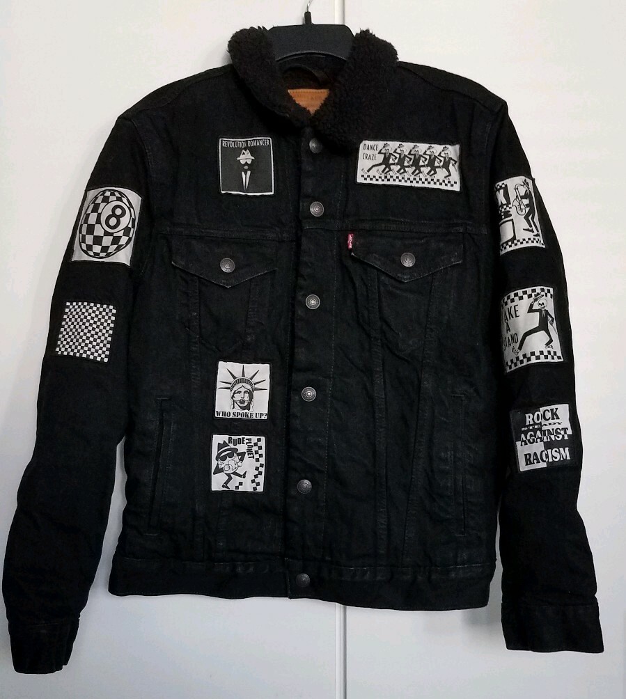 LEVIS Premium Big E Sherpa Trucker Rare Patch Battle Jacket Denim Black ...