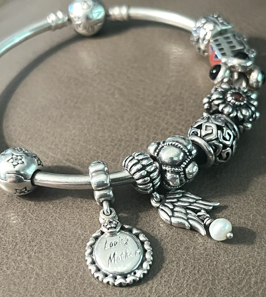 AUTHENTIC PANDORA BRACELET W/9 assorted CHARMS, (3 Spacers, 2 Clips ...