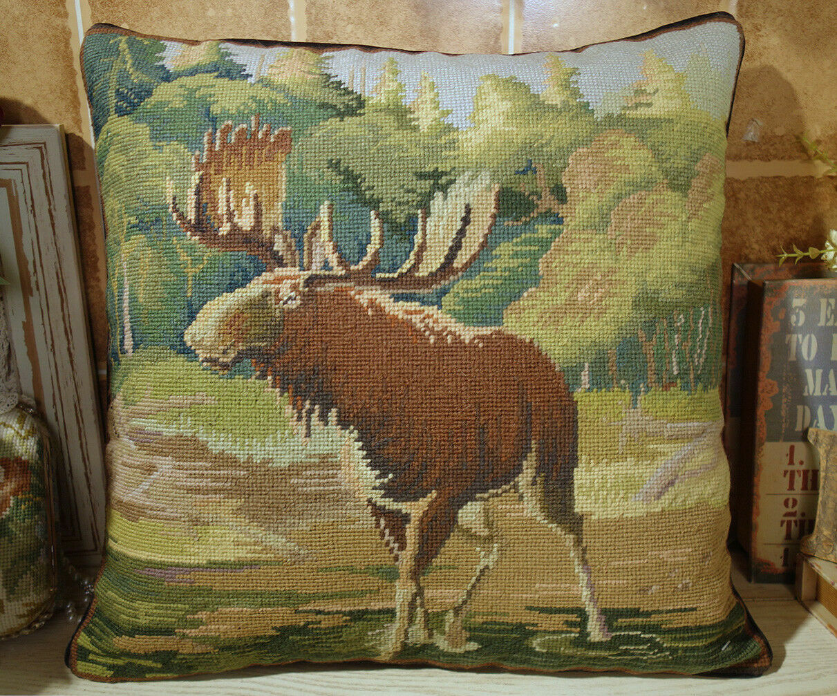 18" Beautiful Tapestry Needlepoint Throw Pillow Cushion Moose Fall ...