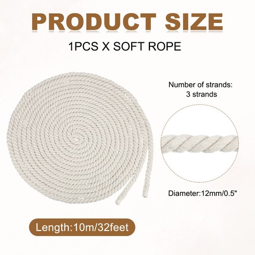 12mm x 32.8 Feet White Cotton Rope 13 Strand for DIY Wall Hanging ...