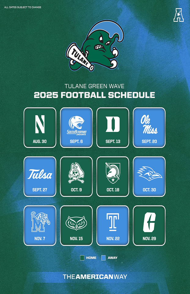 Tulane Green Wave 2025 Schedule Poster 11 x 17 inches Tulane Green Wave ...