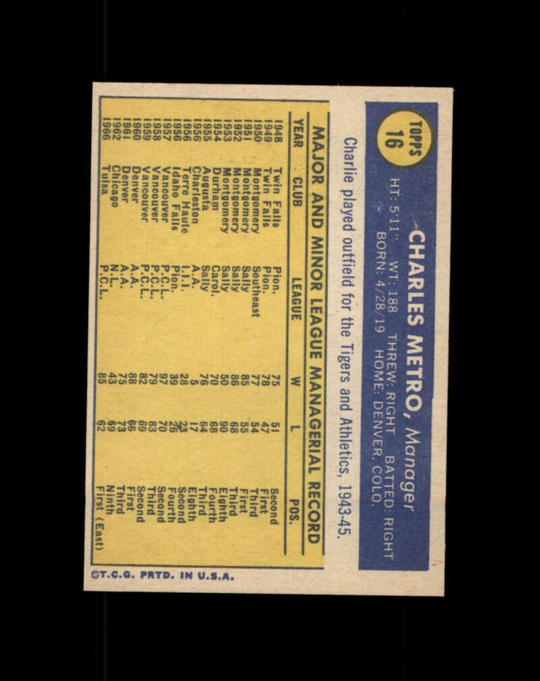 1970 Topps Baseball #016 Charlie Metro MG RC STARX 5.5 EX+ (LS804132 ...