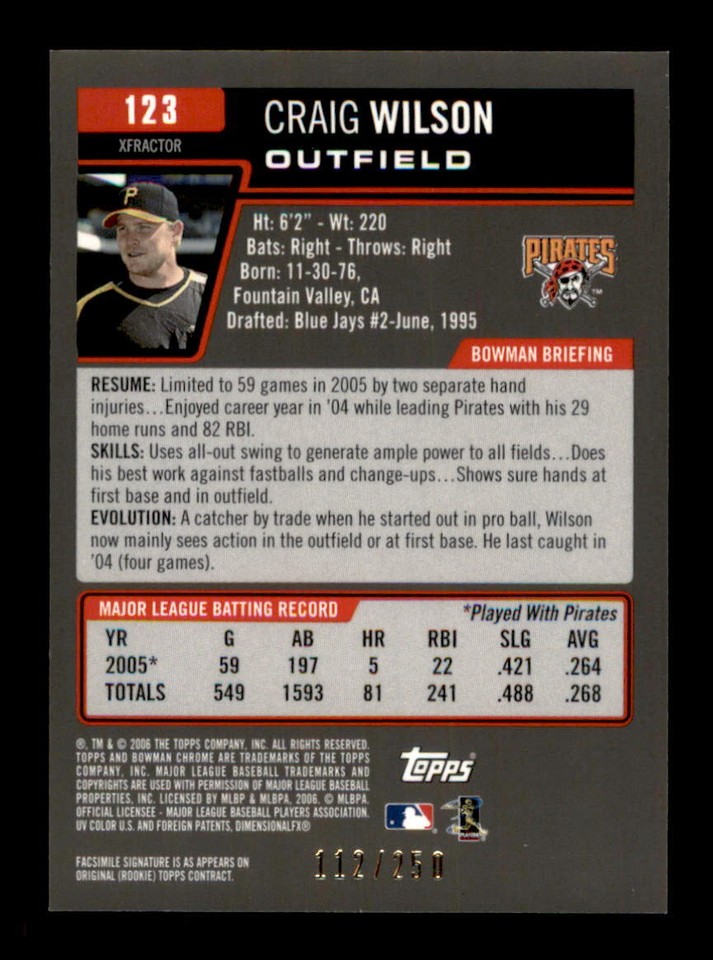 2006 Baseball Bowman Chrome Craig Wilson Pittsburgh Pirates #123 Red ...