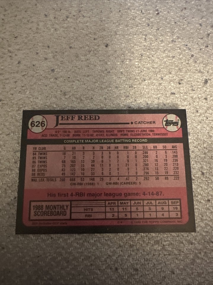 1989 Topps Baseball Card 626 JEFF REED CINCINNATI REDS | eBay