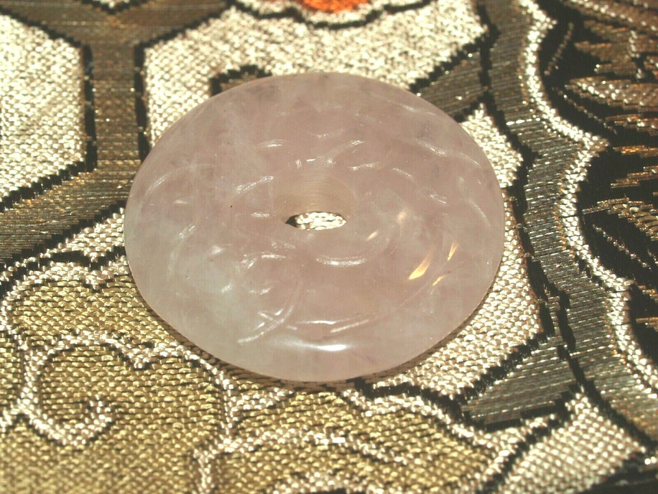Vintage Carved Chinese Pink Rose Quartz Stone Bi or Pi Disc Large ...