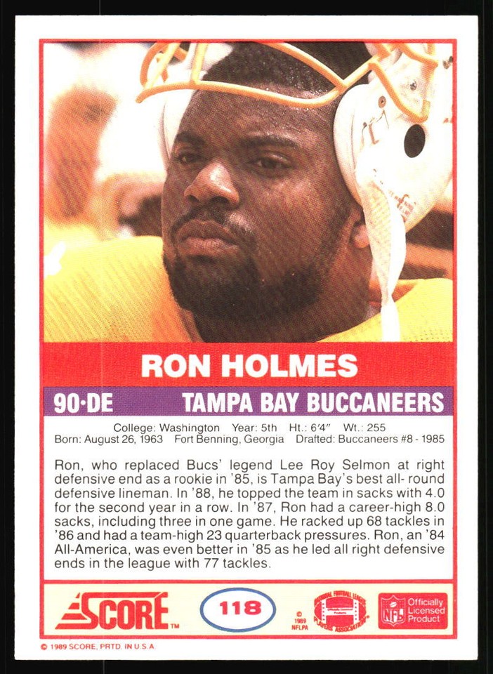 1989 Score Ron Holmes #118 Tampa Bay Buccaneers | eBay