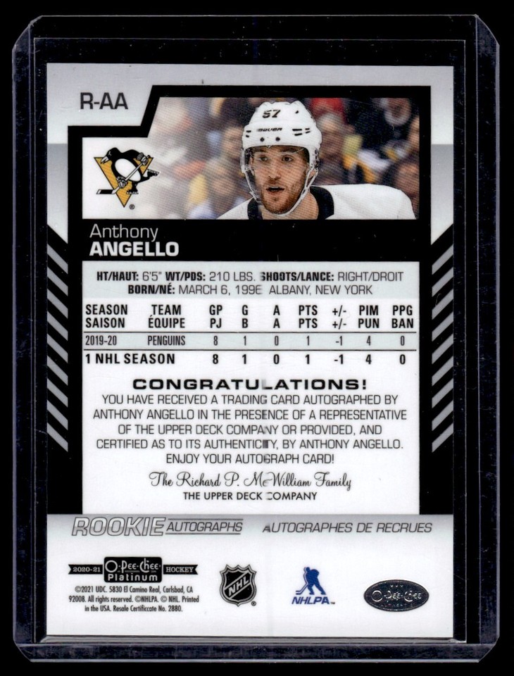 2020-21 O-Pee-Chee Platinum Rookie Autographs Anthony Angello RC Auto ...