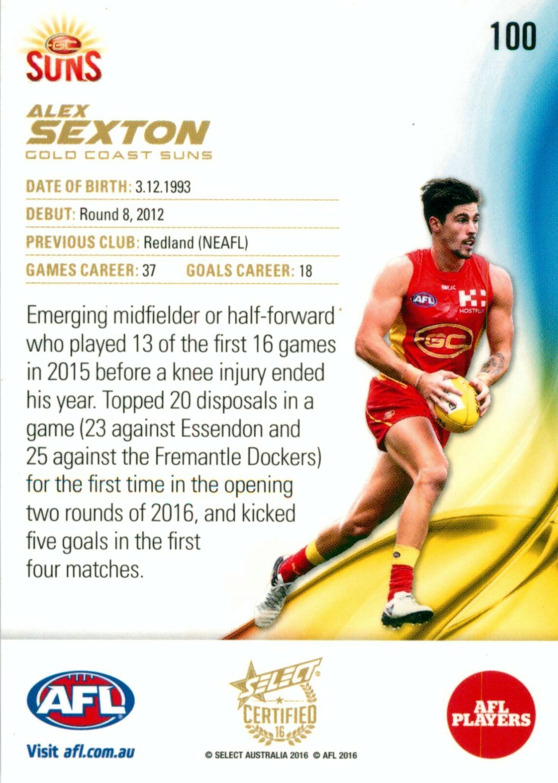 Signed 2016 GOLD COAST SUNS AFL Card ALEX SEXTON | eBay