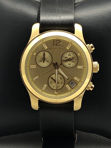 Michael Kors MK5384 Unisex Black Leather Analog Gold Dial Genuine Watch ...