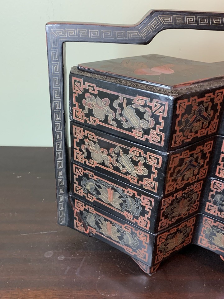 Antique Vintage Chinese Black Red Lacquered Stacking Wedding Dowry Box ...