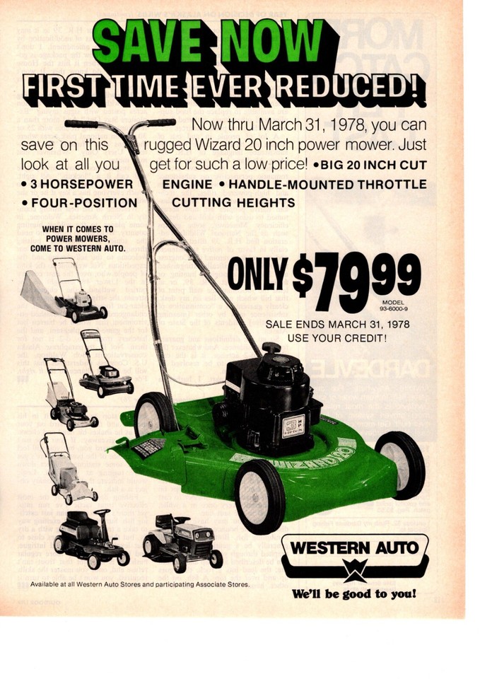 1978 WESTERN AUTO WIZARD LAWNMOWER PRINT AD, LAWN MOWER SMALL ENGINE ...