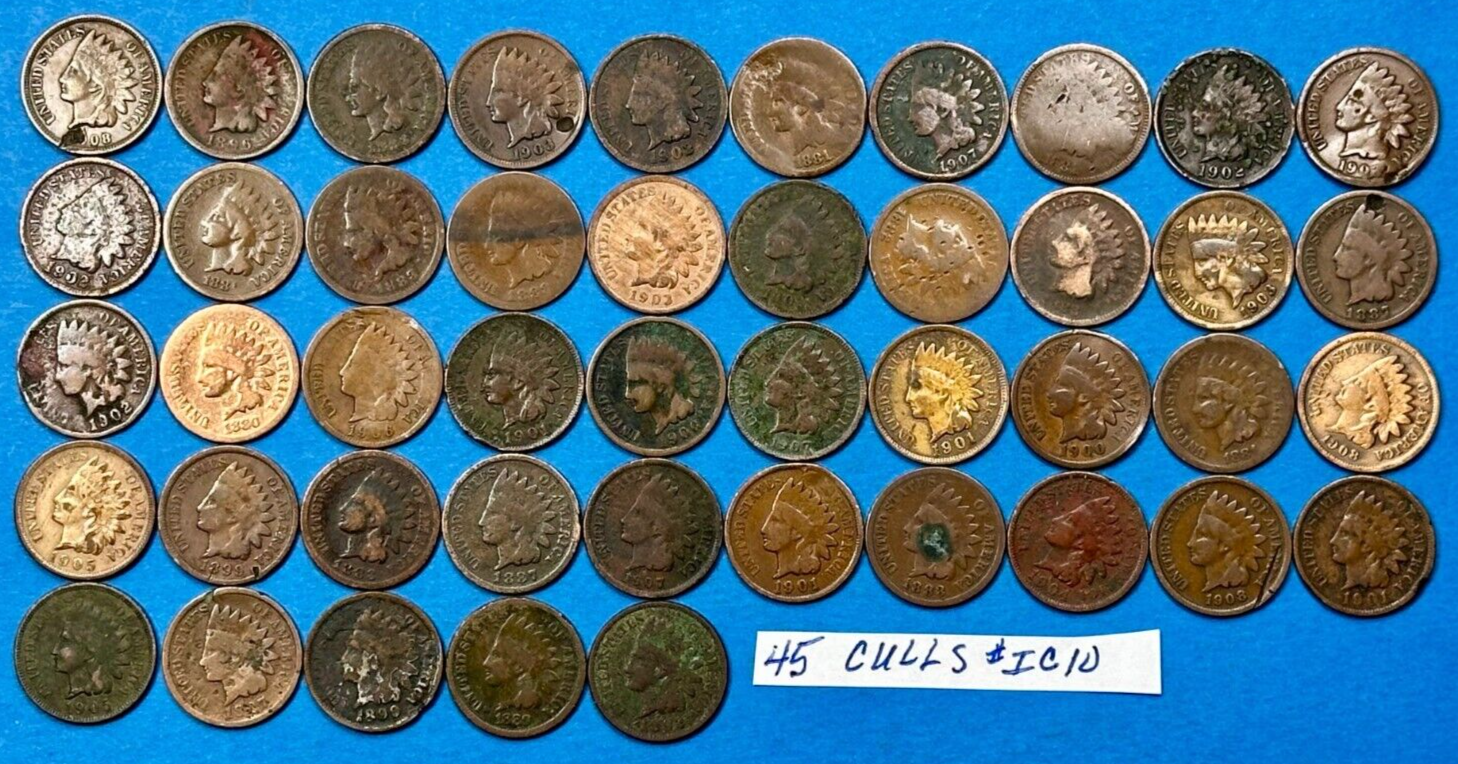 Indian Head Penny Lot of 45 CULL Indian Heads ~ Heavily Circulated Old ...