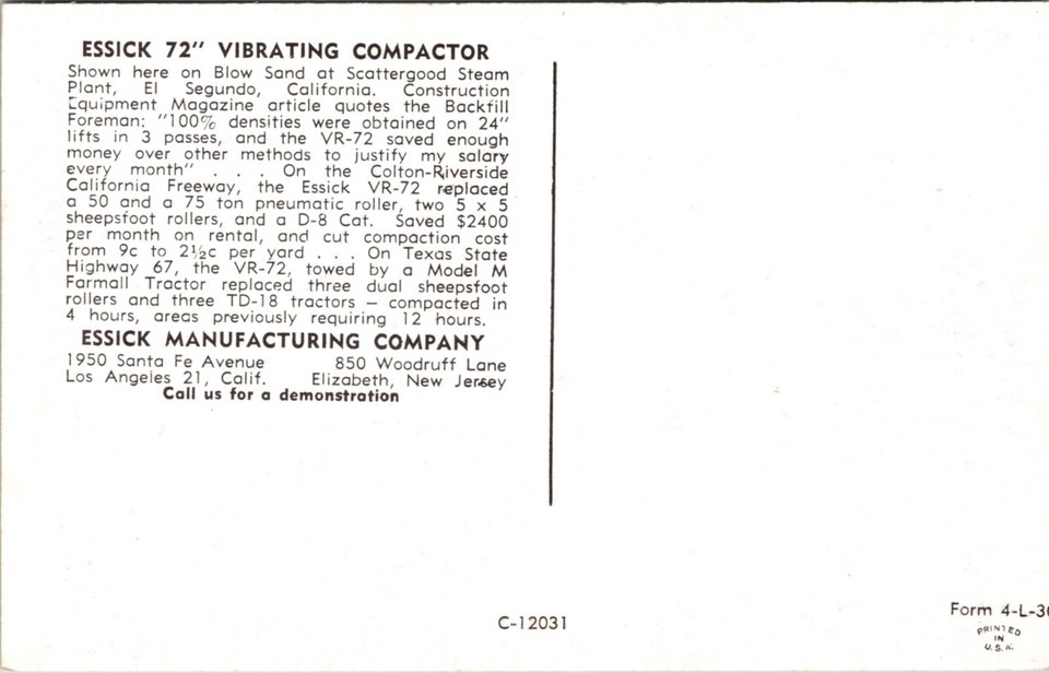 Postcard Essick 72" Vibrating Compactor Essick Manufacturing Co Los ...