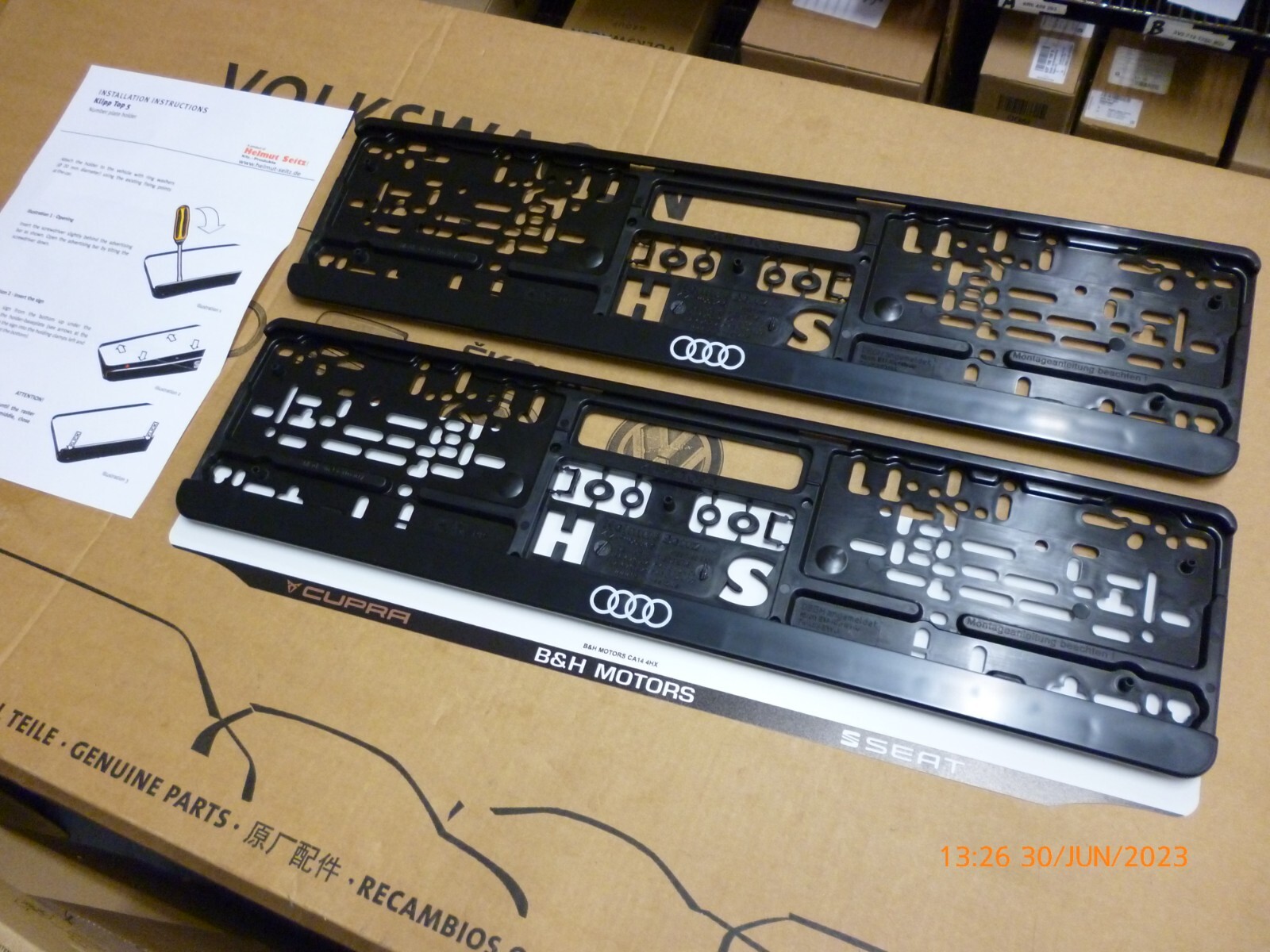 NEW GENUINE PAIR AUDI NUMBER PLATE HOLDERS 520x110mm STANDARD UK SIZE ...