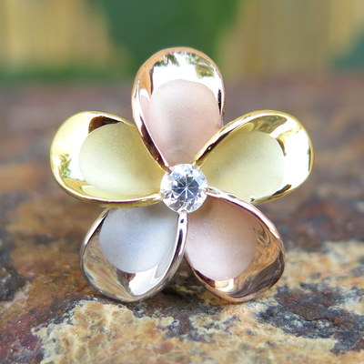 925 Silver Tri-color Gold Plumeria Flower CZ Wedding Ring Band 22mm # ...