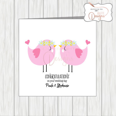 Lesbian LGBT Wedding Congratulations Cute Card Two Pink Lovebird Brides ...