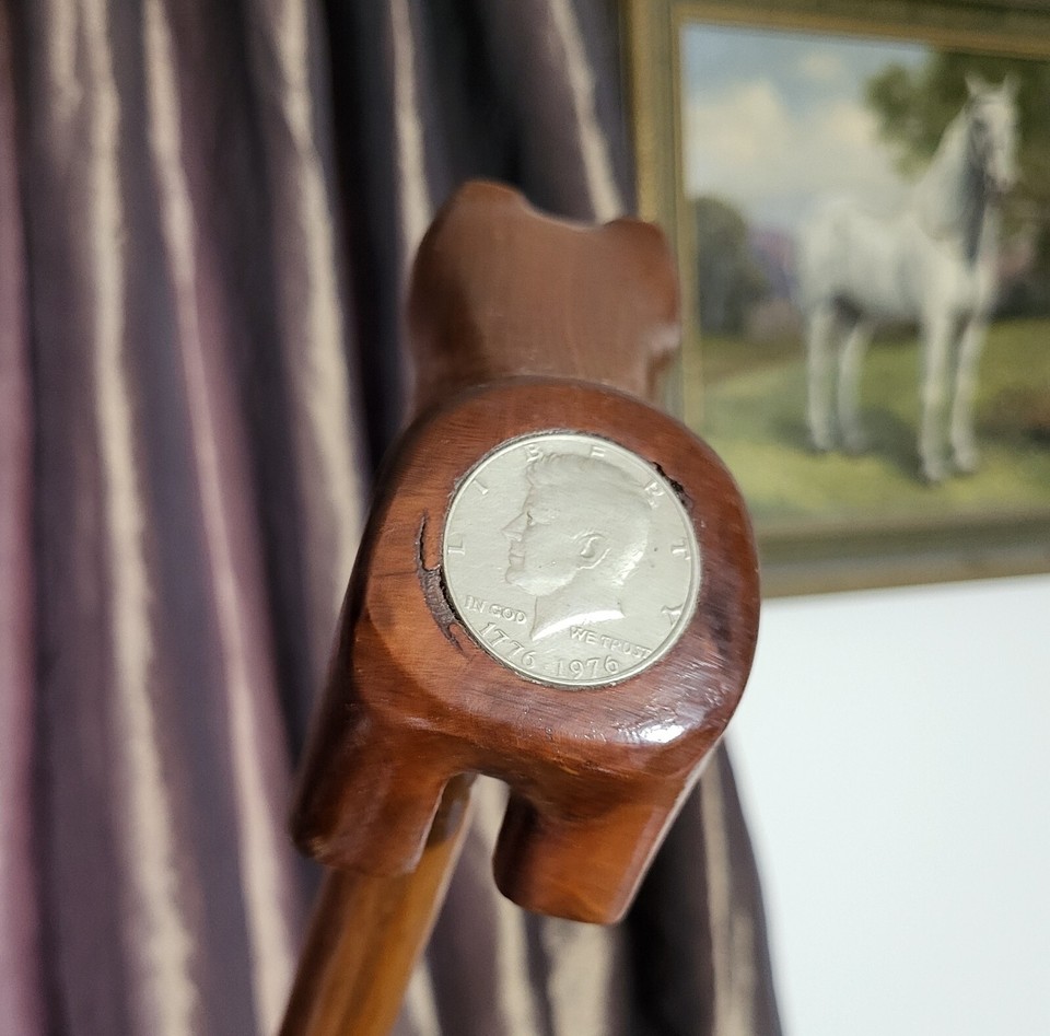 Wooden Carved Bear Frog 1976 Half Dollar Coin Wood Brass Walking Stick ...