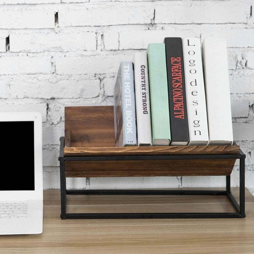 Burnt Wood Book Rack with Industrial Black Metal Frame, Desktop Book ...