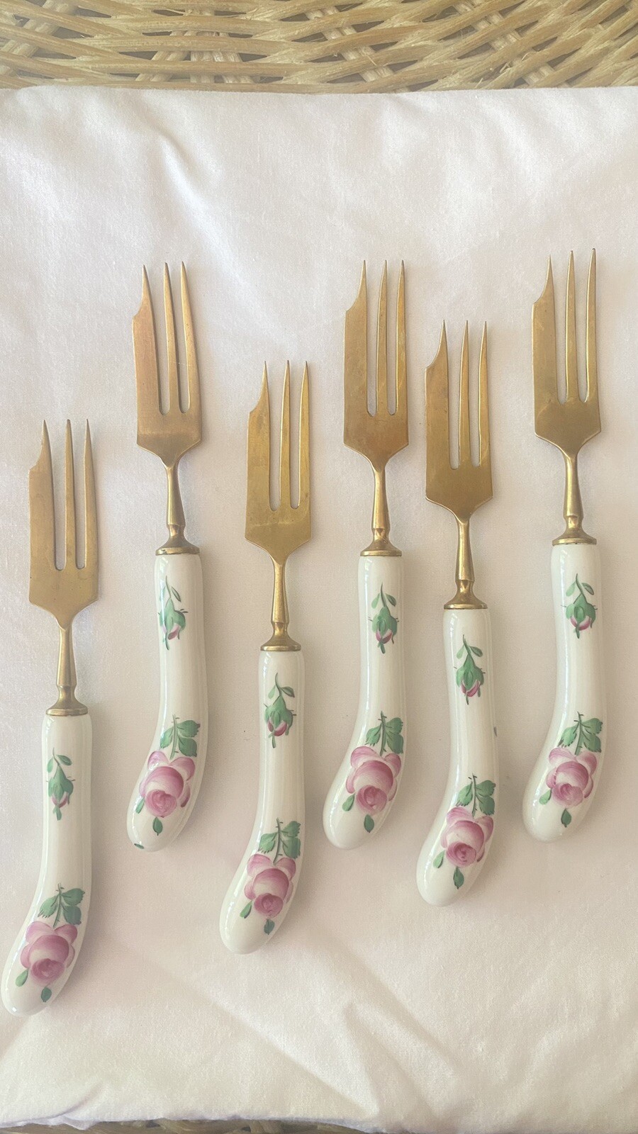 Antique Rostfrei Porcelain Cake Forks Bronze Tines Set/6 Made In ...