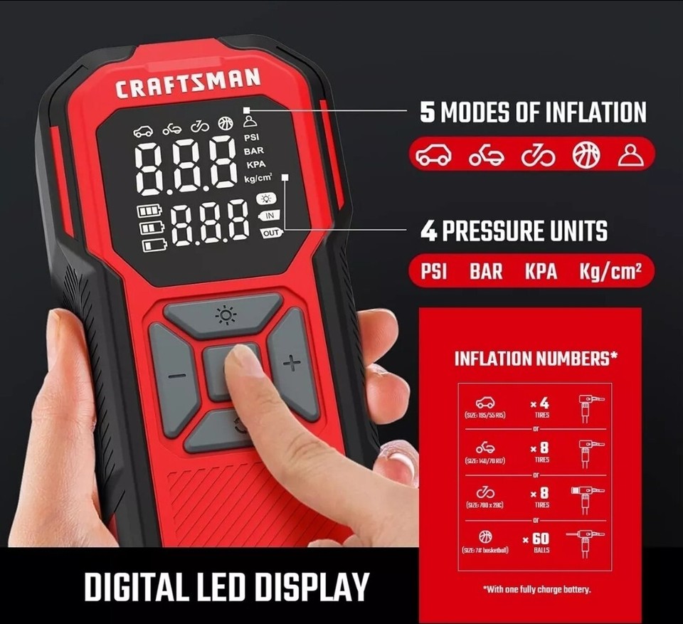 CRAFTSMAN PORTABLE AIR INFLATOR rechargeable 12-VOLT LITHIUM ION ...