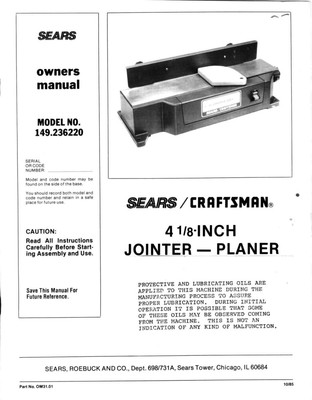 1985 Craftsman 149.236220 /AMT Motorized 4-1/8" Jointer-Planer ...