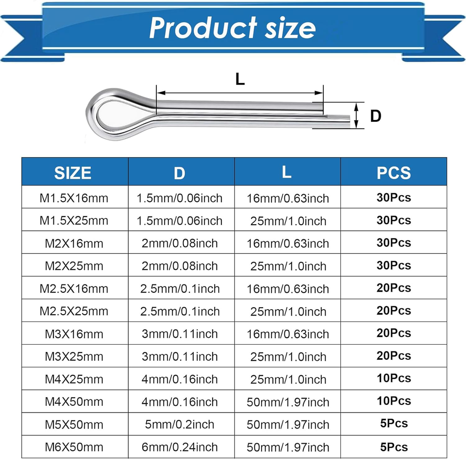 230Pcs Cotter Pin Assortment Kit - 304 Stainless Steel 12 Sizes Cotter ...